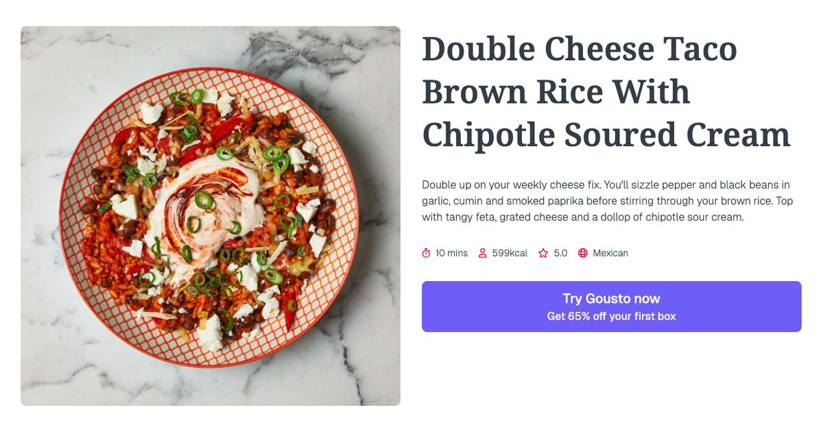 Double Cheese Taco Brown Rice With Chipotle Soured Cream (10 mins) | Gousto Recipe Search