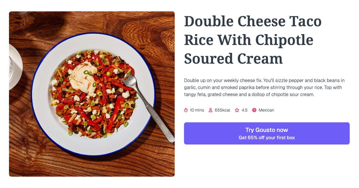 Double Cheese Taco Rice With Chipotle Soured Cream (10 mins) | Gousto Recipe Search