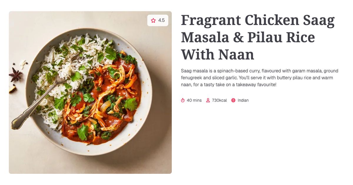 Fragrant Chicken Saag Masala & Pilau Rice With Naan (40 mins) | Gousto ...