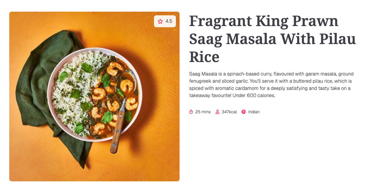 Fragrant King Prawn Saag Masala With Pilau Rice (25 mins) | Gousto ...