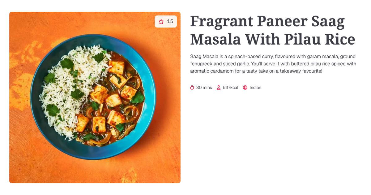 Fragrant Paneer Saag Masala With Pilau Rice (30 mins) | Gousto Recipe ...
