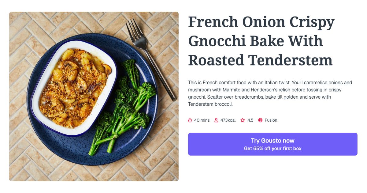 French Onion Crispy Gnocchi Bake With Roasted Tenderstem (40 mins) | Gousto Recipe Search