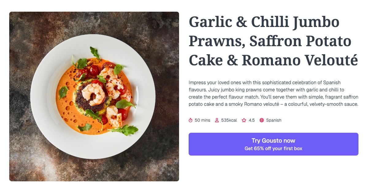 Garlic & Chilli Jumbo Prawns, Saffron Potato Cake & Romano Velouté (50 ...