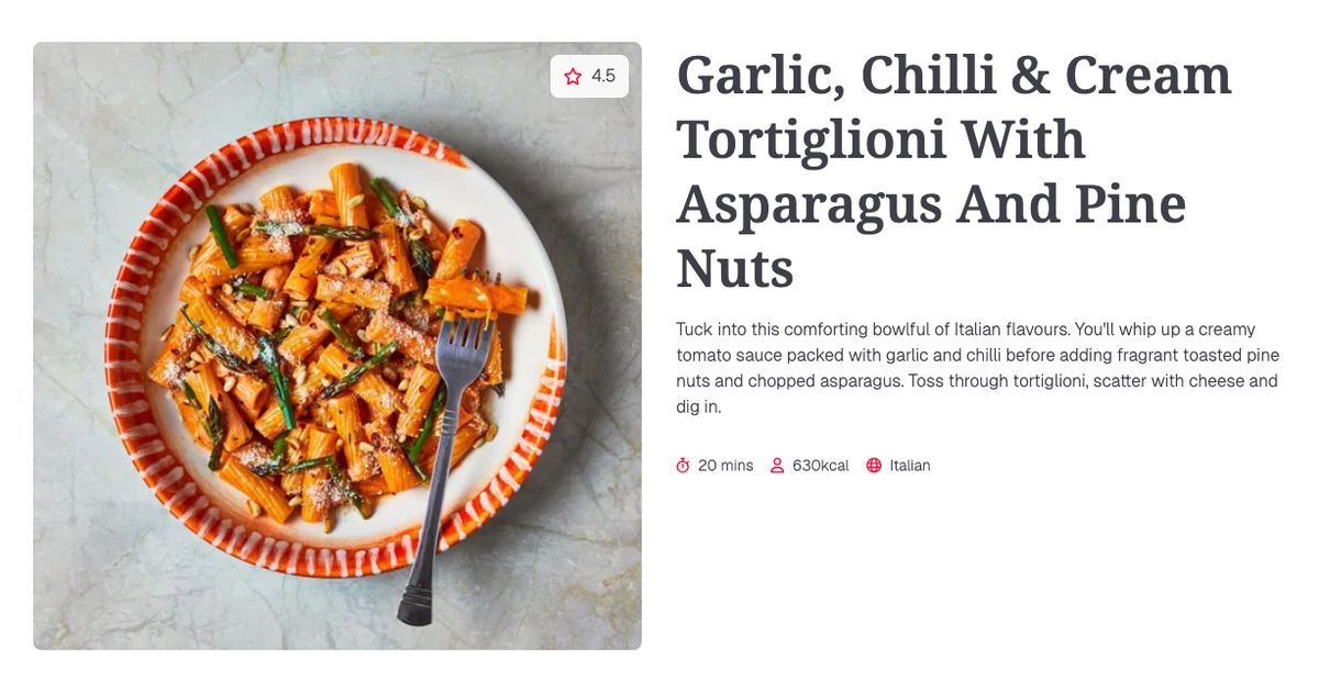 Garlic, Chilli & Cream Tortiglioni With Asparagus And Pine Nuts (20 ...