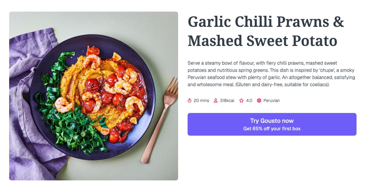 Garlic Chilli Prawns & Mashed Sweet Potato (20 mins) | Gousto Recipe Search