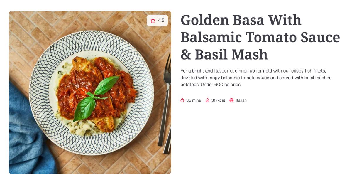 Golden Basa With Balsamic Tomato Sauce & Basil Mash (35 mins) | Gousto ...
