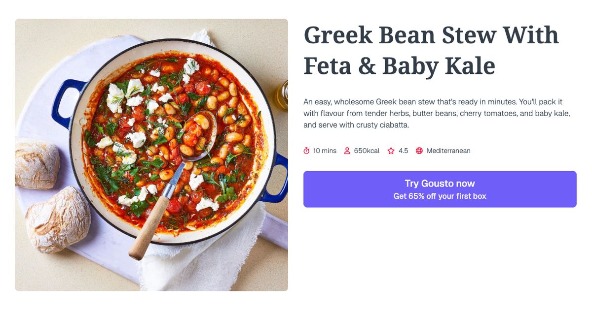 Greek Bean Stew With Feta & Baby Kale (10 mins) | Gousto Recipe Search
