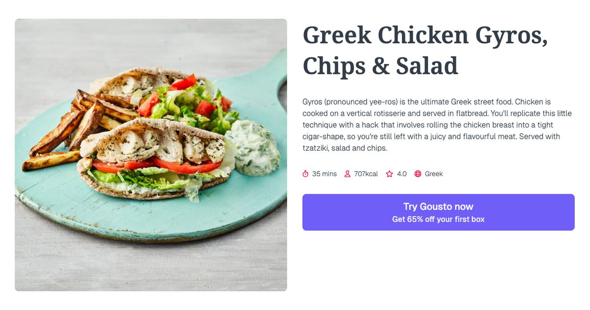 Greek Chicken Gyros, Chips & Salad (35 mins) | Gousto Recipe Search