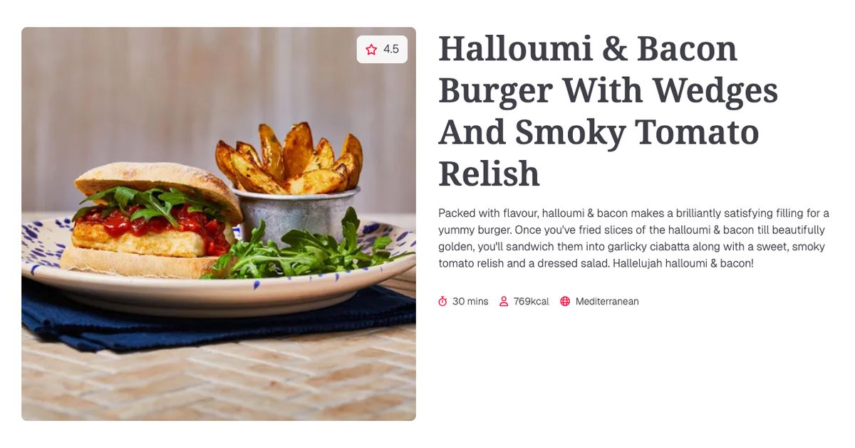 Halloumi & Bacon Burger With Wedges And Smoky Tomato Relish (30 mins ...