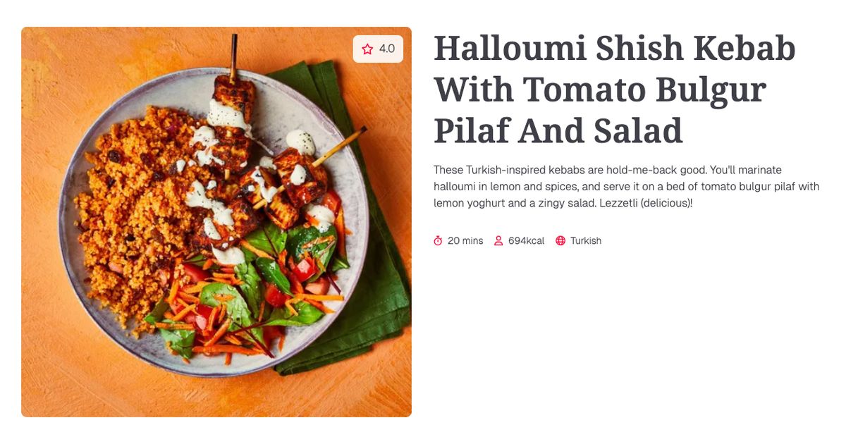Halloumi Shish Kebab With Tomato Bulgur Pilaf And Salad (20 mins ...