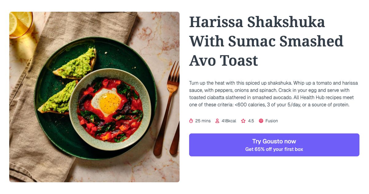 Harissa Shakshuka With Sumac Smashed Avo Toast (25 mins) | Gousto Recipe Search