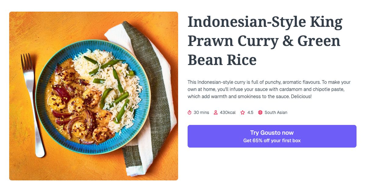 Indonesian-Style King Prawn Curry & Green Bean Rice (30 mins) | Gousto ...
