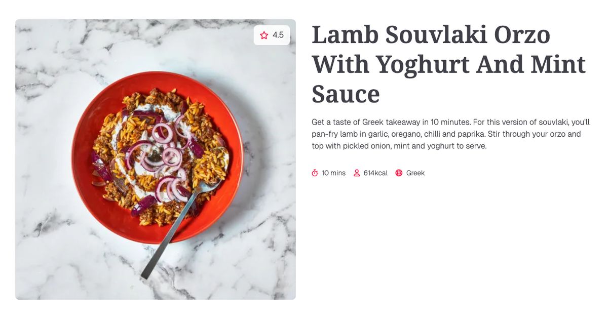 Lamb Souvlaki Orzo With Yoghurt And Mint Sauce (10 mins) | Gousto ...