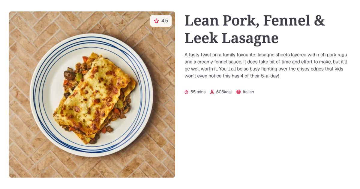Lean Pork, Fennel & Leek Lasagne (55 mins) | Gousto Recipe Search