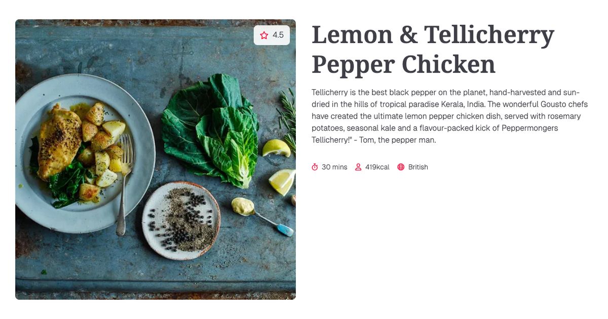 Lemon & Tellicherry Pepper Chicken (30 mins) | Gousto Recipe Search