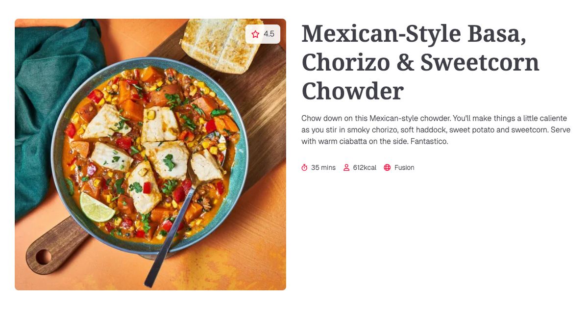 Mexican-Style Basa, Chorizo & Sweetcorn Chowder (35 mins) | Gousto ...