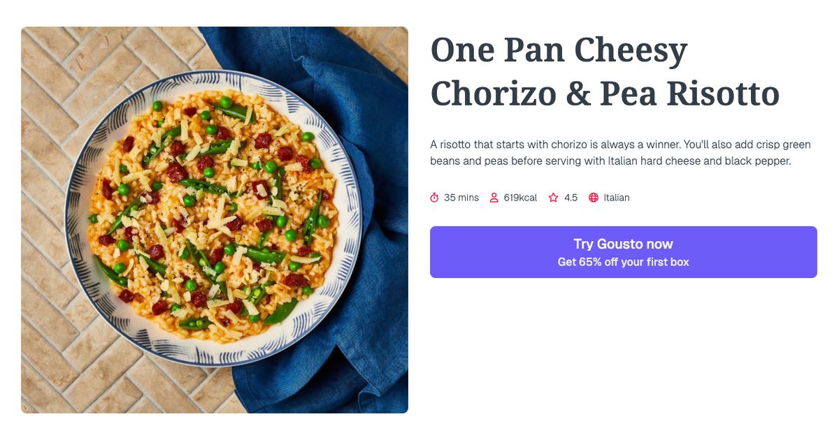 One Pan Cheesy Chorizo & Pea Risotto (35 mins) | Gousto Recipe Search