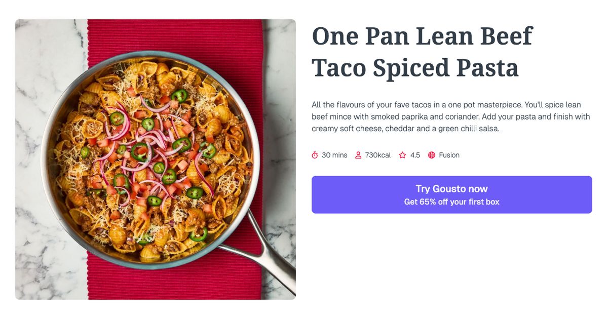 One Pan Lean Beef Taco Spiced Pasta (30 mins) | Gousto Recipe Search