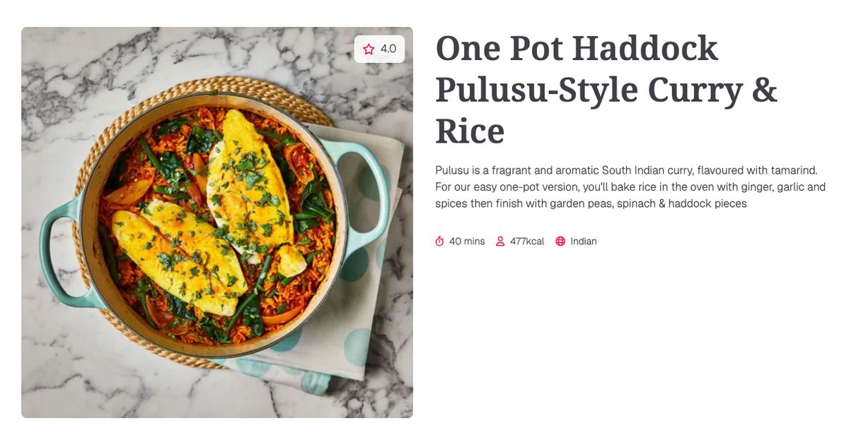 One Pot Haddock Pulusu-Style Curry & Rice (40 mins) | Gousto Recipe Search