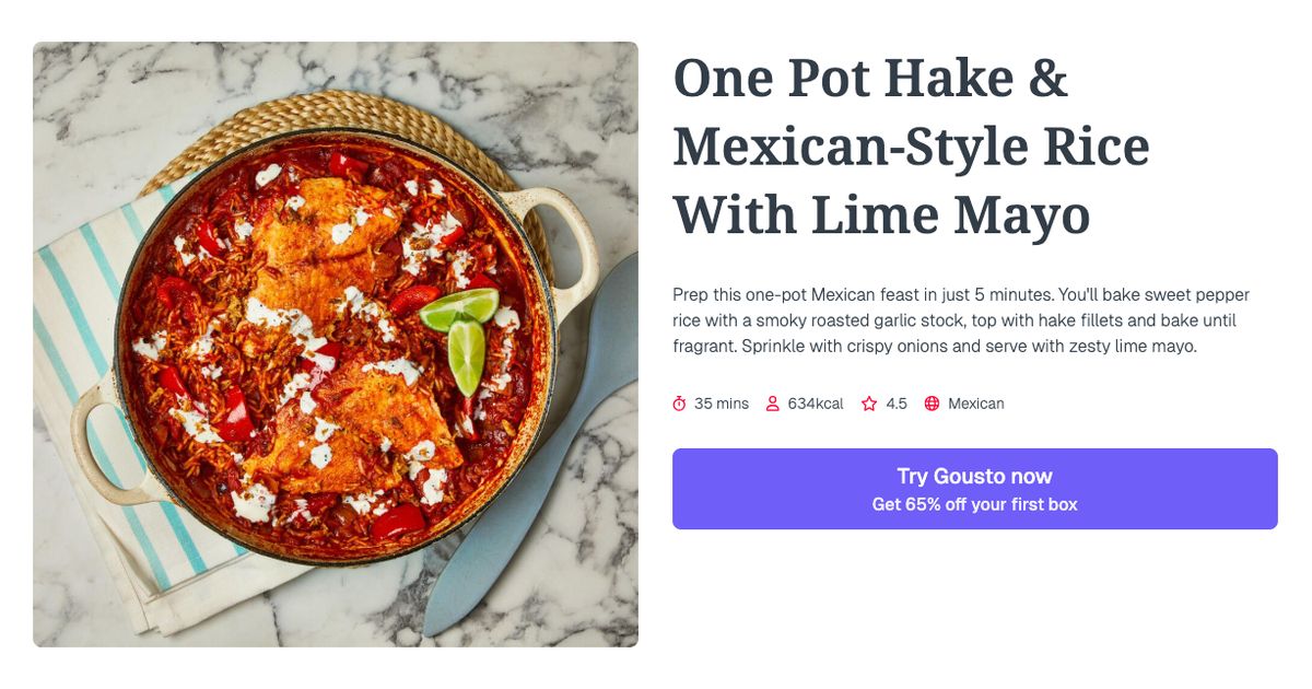 One Pot Hake & Mexican-Style Rice With Lime Mayo (35 mins) | Gousto ...