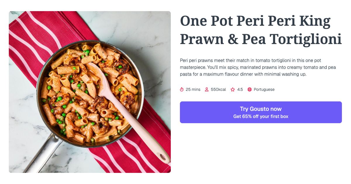 One Pot Peri Peri King Prawn & Pea Tortiglioni (25 mins) | Gousto ...