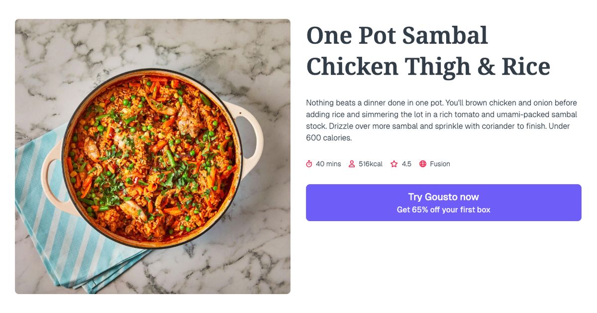 One Pot Sambal Chicken Thigh & Rice (40 mins) | Gousto Recipe Search