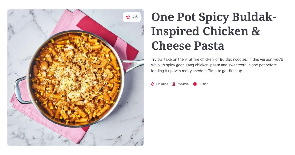 One Pot Spicy Buldak-Inspired Chicken & Cheese Pasta (25 mins) | Gousto ...