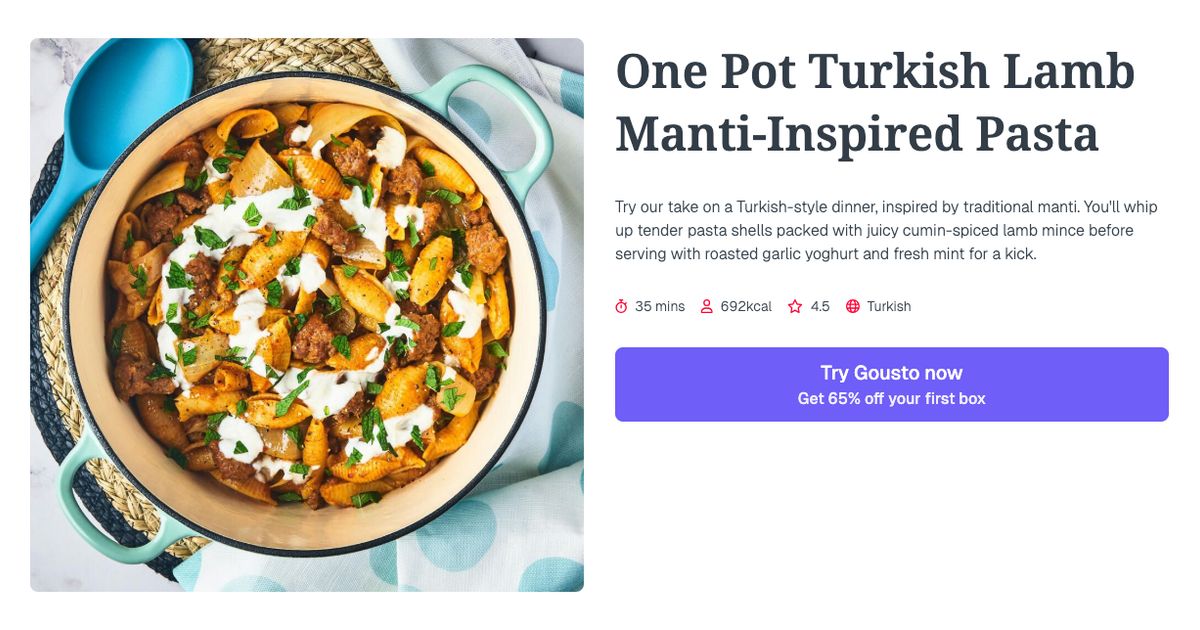 One Pot Turkish Lamb Manti-Inspired Pasta (35 mins) | Gousto Recipe Search