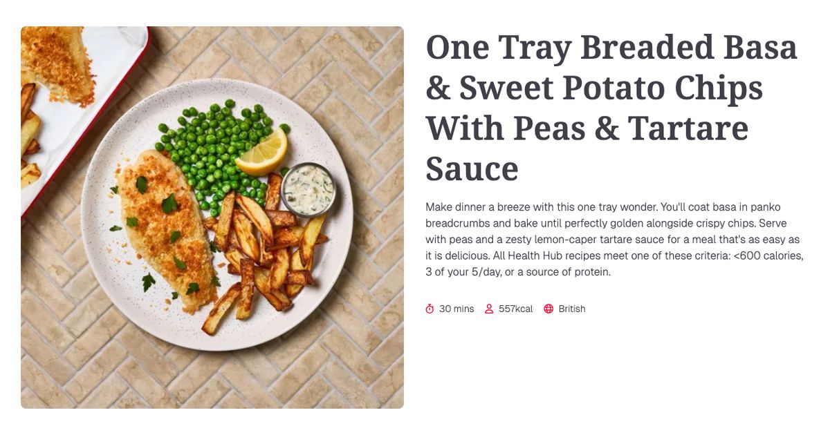 One Tray Breaded Basa & Sweet Potato Chips With Peas & Tartare Sauce ...