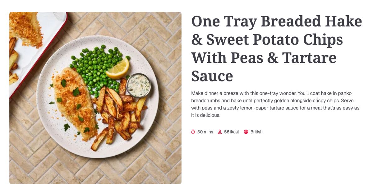 One Tray Breaded Hake & Sweet Potato Chips With Peas & Tartare Sauce ...