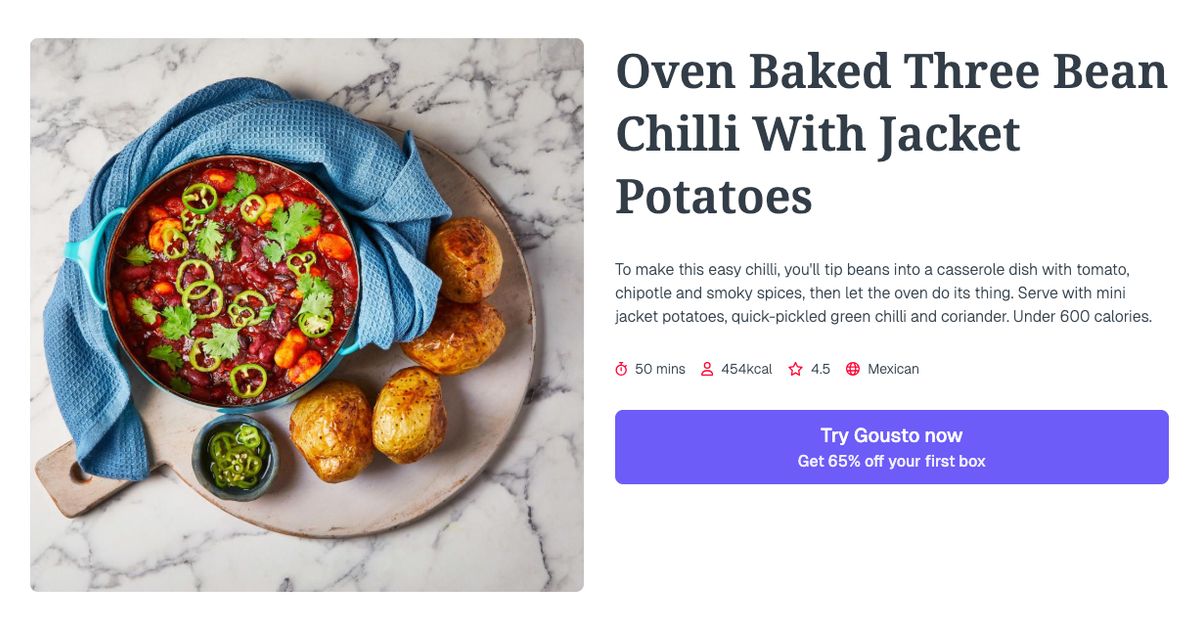 Oven Baked Three Bean Chilli With Jacket Potatoes (50 mins) | Gousto ...