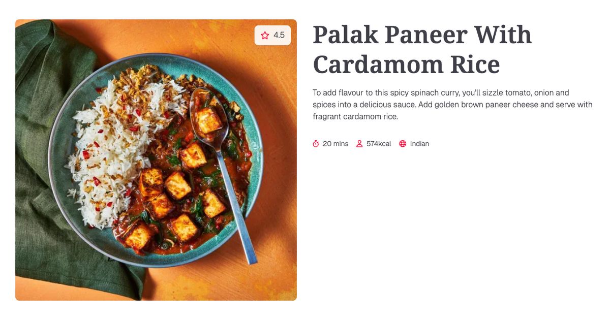 Palak Paneer With Cardamom Rice (20 mins) | Gousto Recipe Search