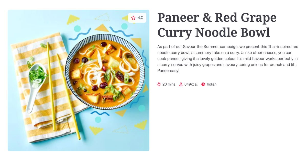 Paneer & Red Grape Curry Noodle Bowl (20 mins) | Gousto Recipe Search