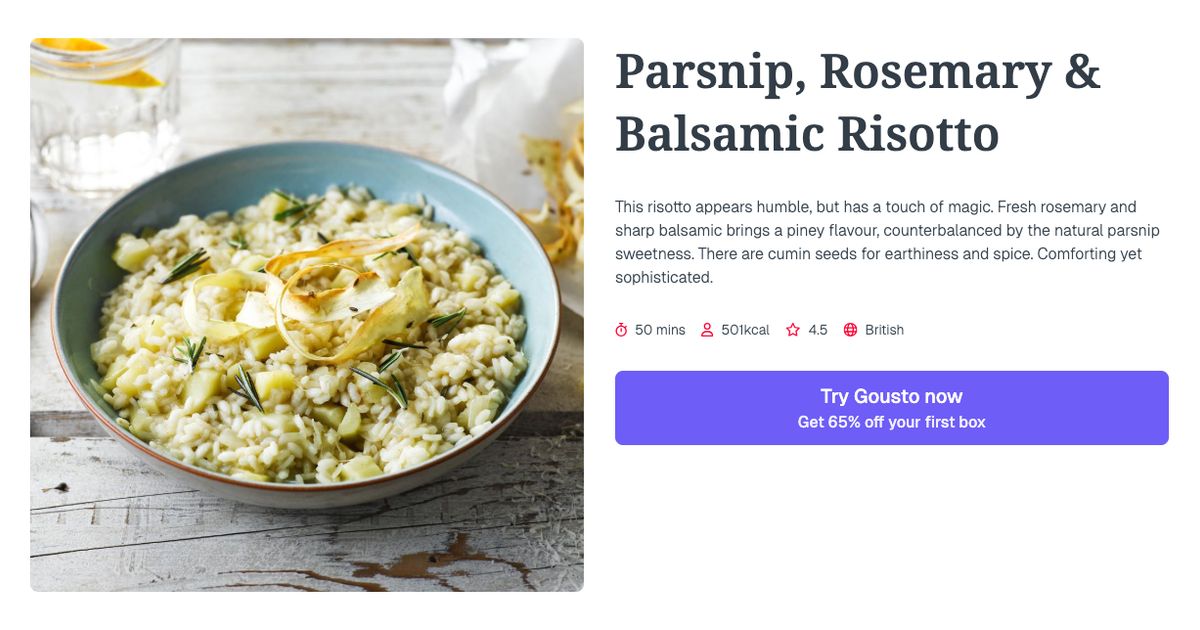 Parsnip, Rosemary & Balsamic Risotto (50 mins) | Gousto Recipe Search