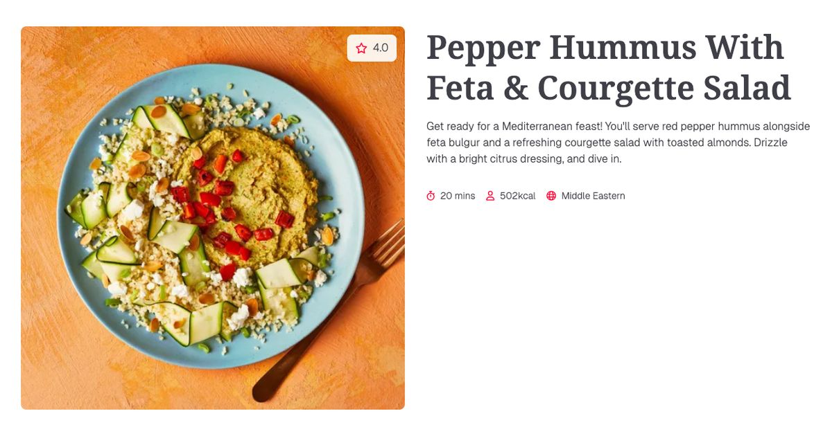 Pepper Hummus With Feta & Courgette Salad (20 mins) | Gousto Recipe Search