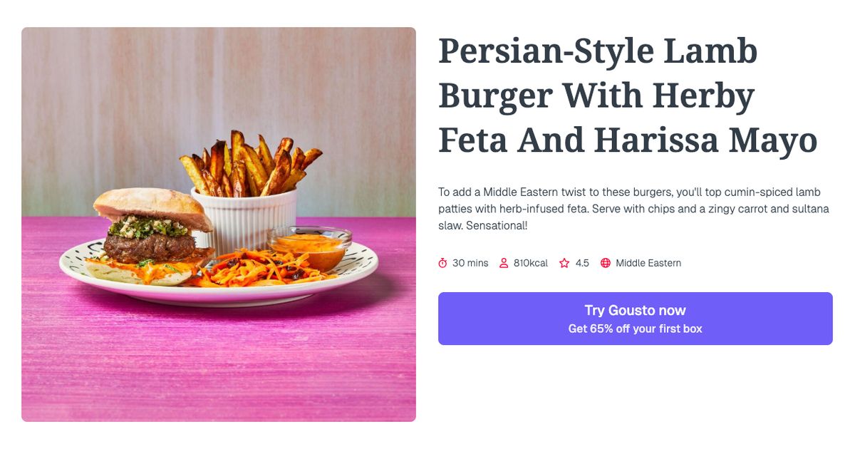 Persian-Style Lamb Burger With Herby Feta And Harissa Mayo (30 mins) | Gousto Recipe Search