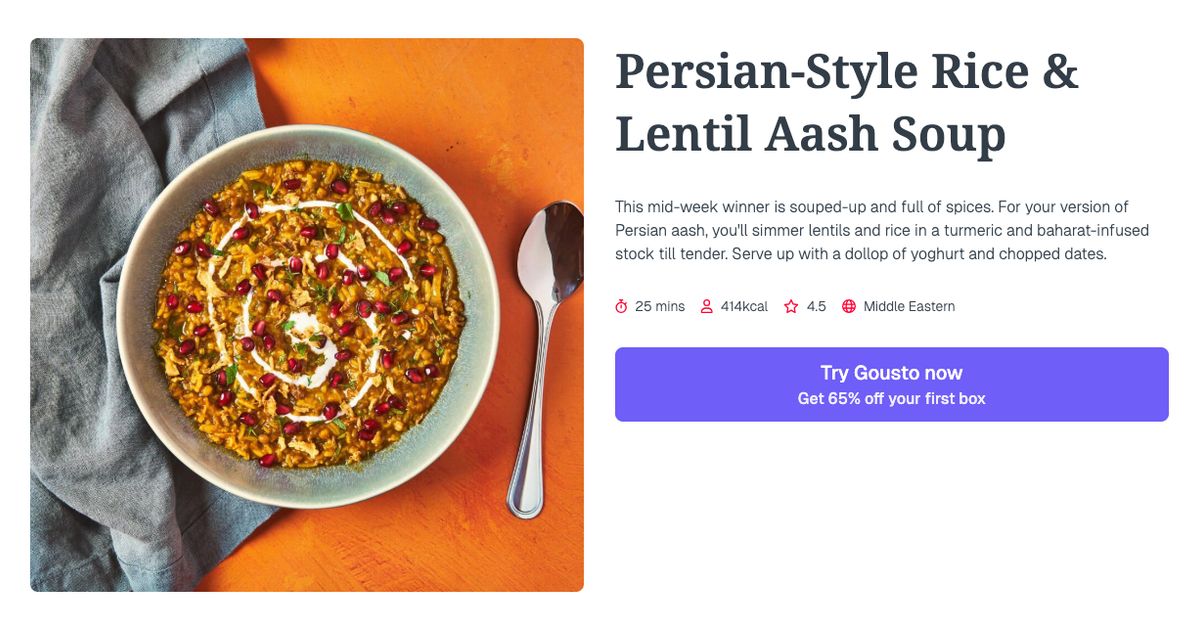 Persian-Style Rice & Lentil Aash Soup (25 mins) | Gousto Recipe Search