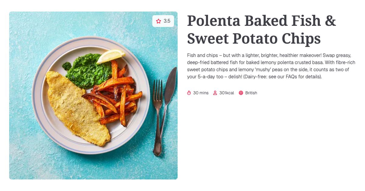 Polenta Baked Fish & Sweet Potato Chips (30 mins) | Gousto Recipe Search