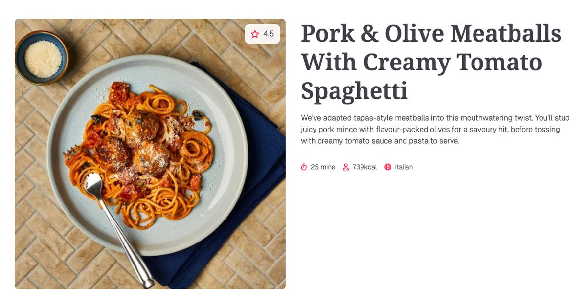 Pork & Olive Meatballs With Creamy Tomato Spaghetti (25 mins) | Gousto ...