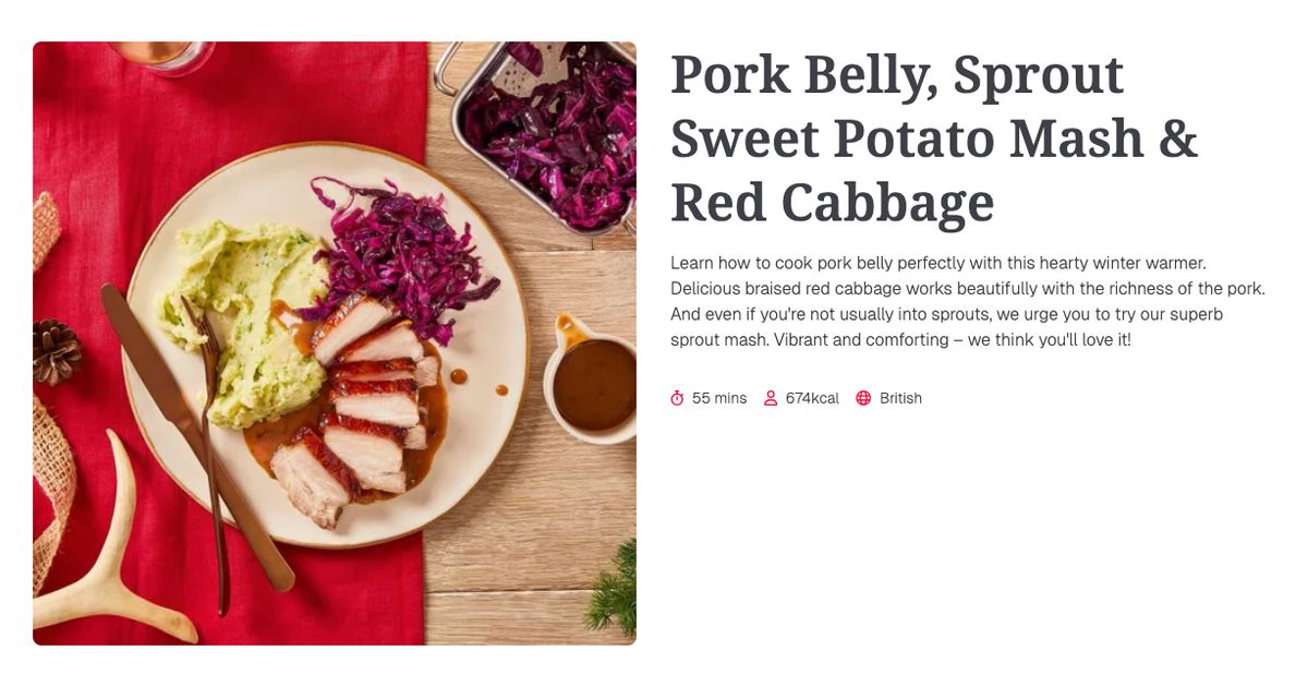 Pork Belly, Sprout Sweet Potato Mash & Red Cabbage (55 mins) | Gousto ...