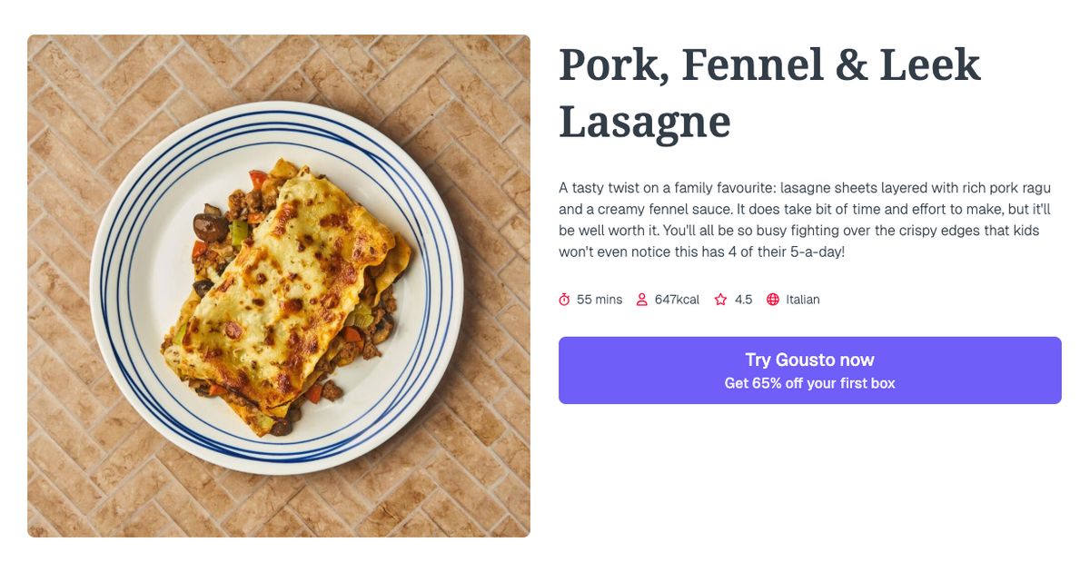 Pork, Fennel & Leek Lasagne (55 mins) | Gousto Recipe Search