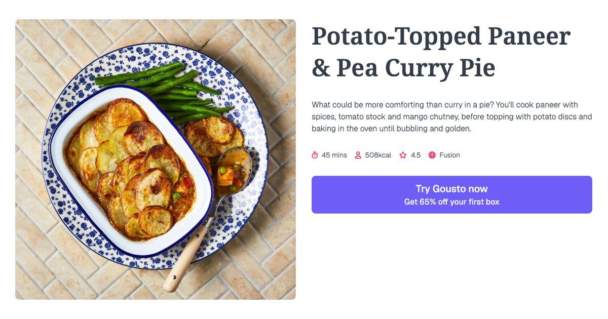 Potato-Topped Paneer & Pea Curry Pie (45 mins) | Gousto Recipe Search