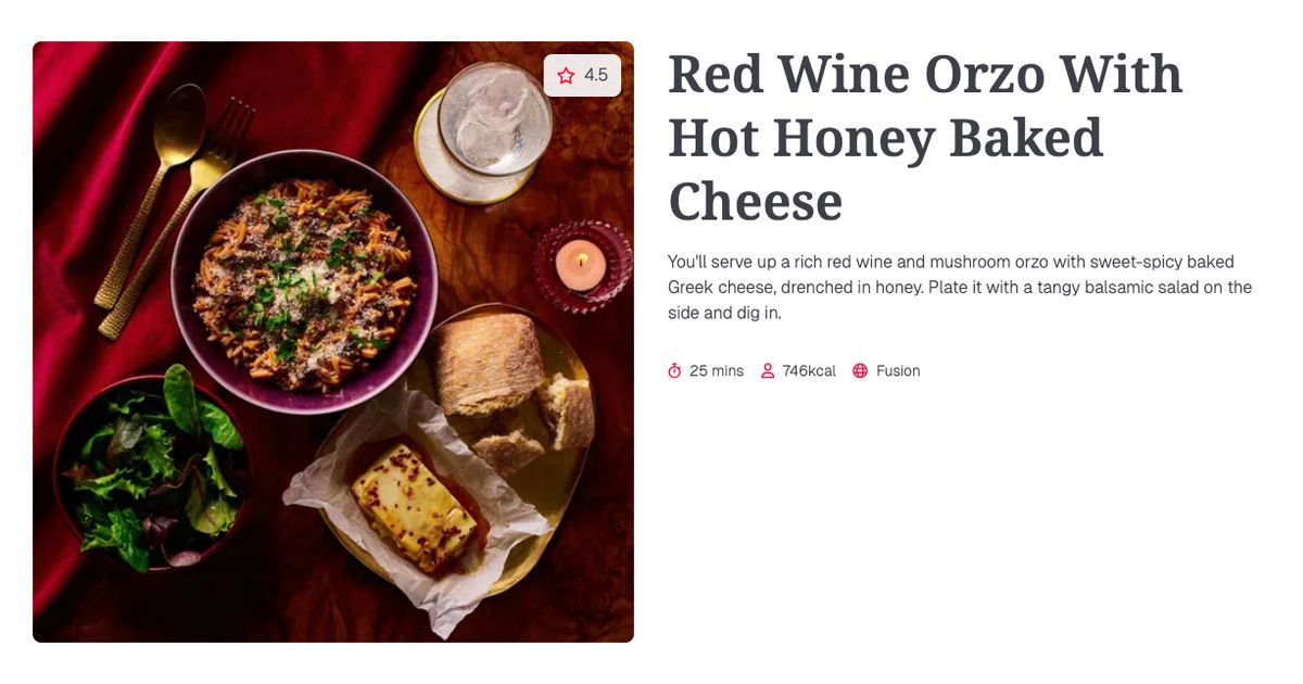 Red Wine Orzo With Hot Honey Baked Cheese (25 mins) | Gousto Recipe Search