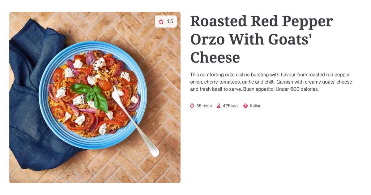 Roasted Red Pepper Orzo With Goats' Cheese (35 mins) | Gousto Recipe Search