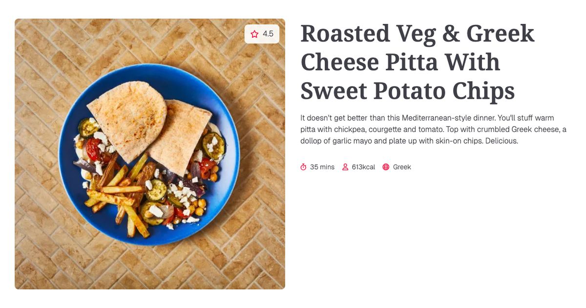 Roasted Veg & Greek Cheese Pitta With Sweet Potato Chips (35 mins ...