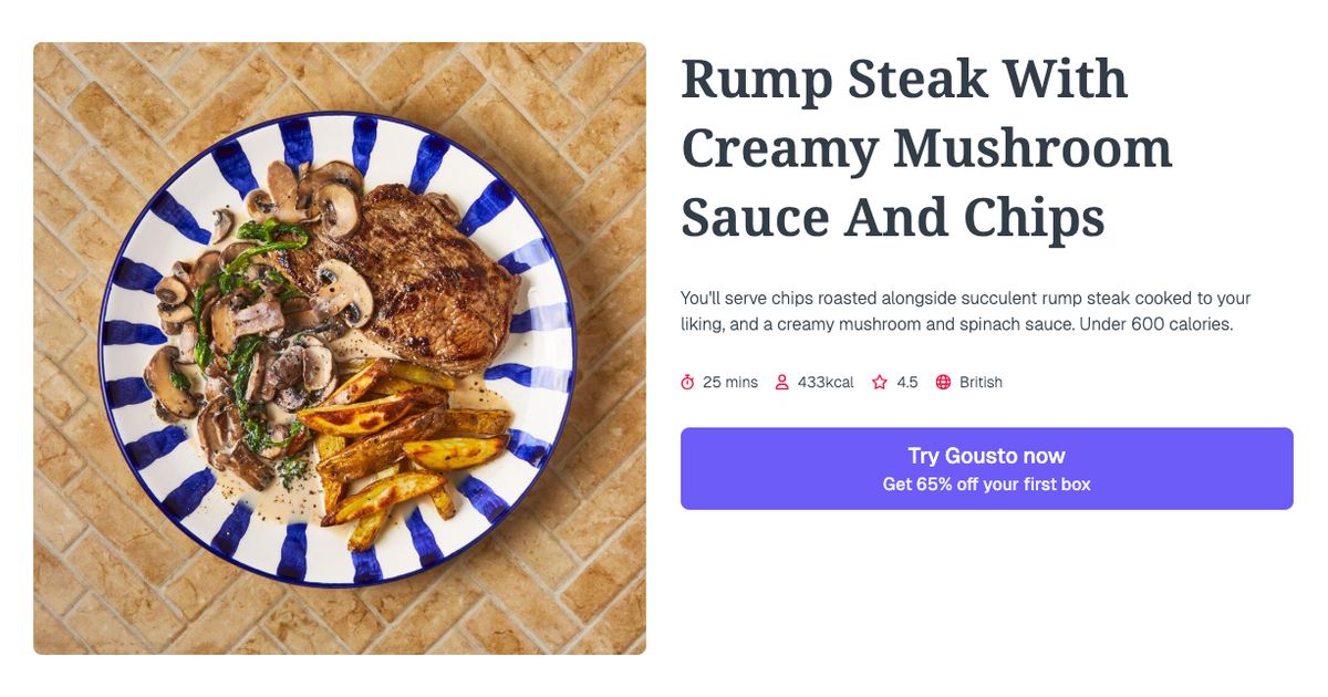 Rump Steak With Creamy Mushroom Sauce And Chips (25 mins) | Gousto ...