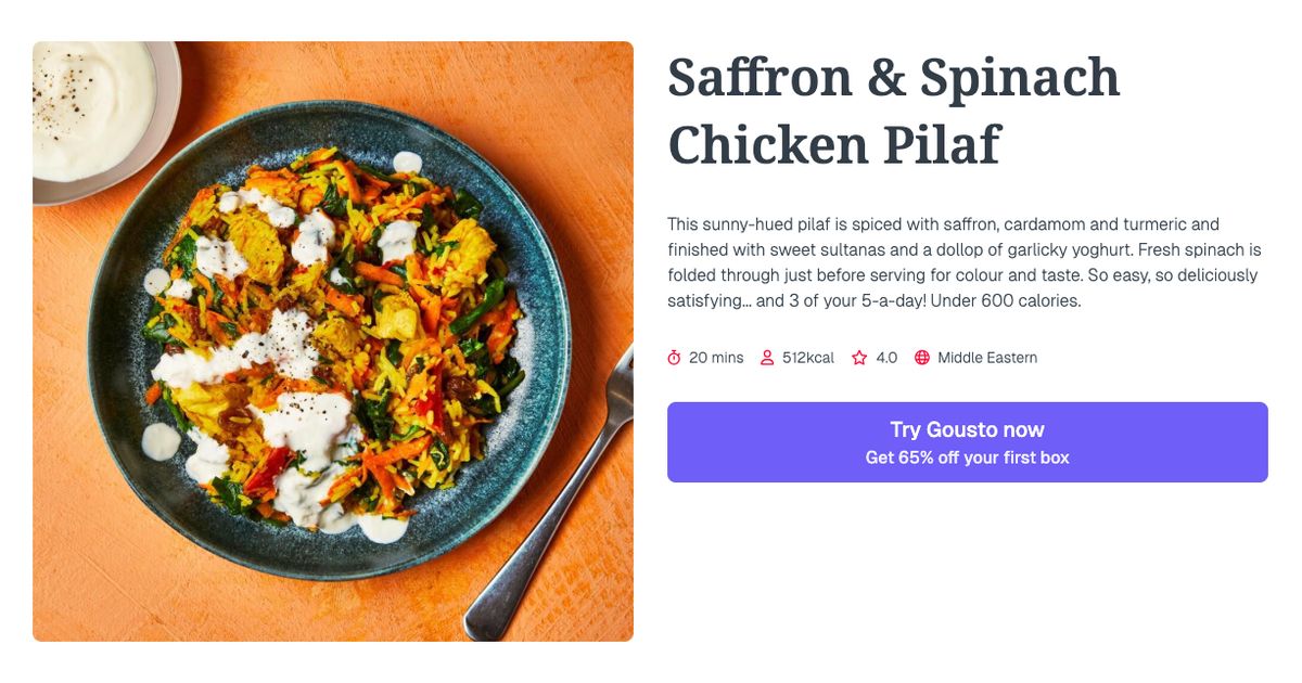 Saffron & Spinach Chicken Pilaf (20 mins) | Gousto Recipe Search