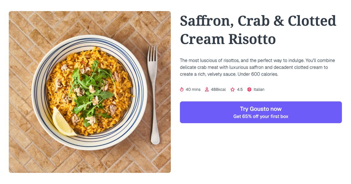 Saffron, Crab & Clotted Cream Risotto (40 mins) | Gousto Recipe Search