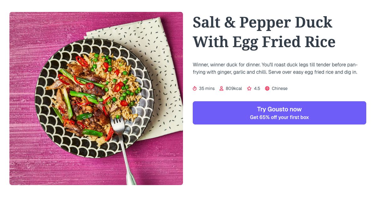 Salt & Pepper Duck With Egg Fried Rice (35 mins) | Gousto Recipe Search