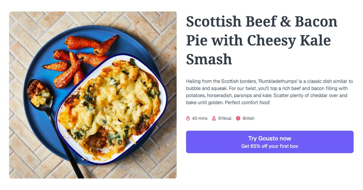 Scottish Beef & Bacon Pie with Cheesy Kale Smash (40 mins) | Gousto ...